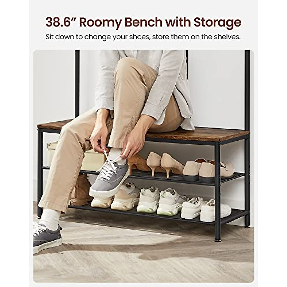 VASAGLE Coat Rack Shoe Bench with Mirror, Hall Tree with Bench and Shoe Storage Shelves, 15 x 38.6 x 70.9 in, Bedroom Living Room, Industrial Style, Rustic Brown and Black UHSR415B01