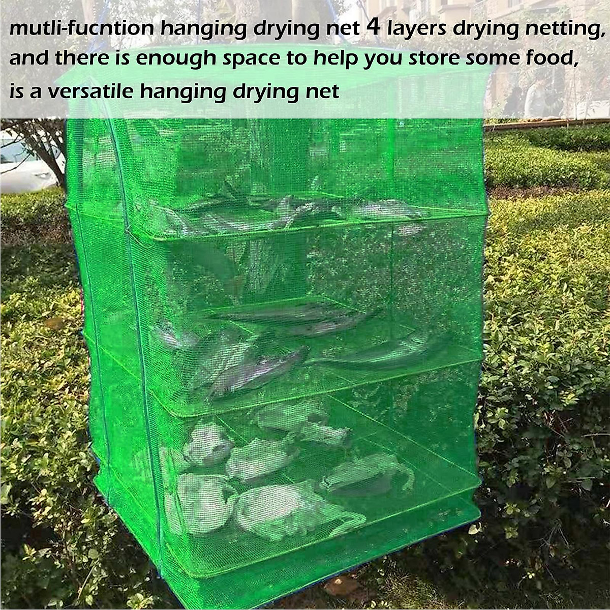 WEISGJA Hanging Drying Rack 4 Layers Foldable Nylon Netting, Folding Fish Mesh, Drying Fish Net for Shrimp Fish Fruit Vegetables Herb, with Zipper Opening, Green (22.4X15.7X25.5 in/Large)
