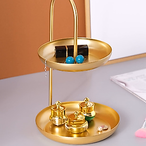 GSWPIP 2 Tier Multi Function Tray, Pantry Organization and Storage, Iron Organizer Fruit Serving Tray for Kitchen for Coffee Table Party(Gold)