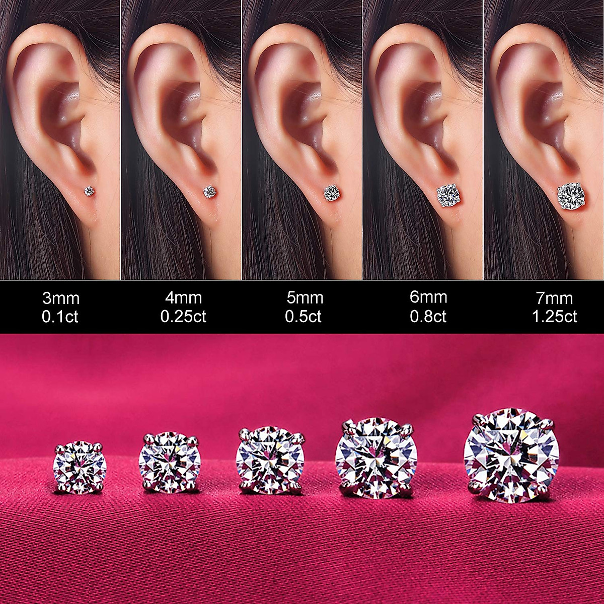Women's 14K White Plated CZ Stud Earrings Simulated Diamond Round Cubic Zirconia Ear Stud Set（5 Pairs)