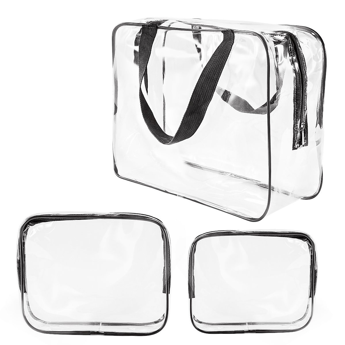 3Pcs Crystal Clear PVC Travel Toiletry Bag Kit for Women Men, Waterproof Vinyl Organizer Makeup Bags with Zipper Handle Straps, Cosmetic Bag Pouch Carry on Airport Airline Compliant Bag Handbag