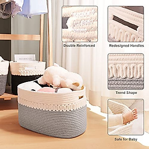AROPEME Cotton Rope Basket | 15"x10"x9" Rectangle Woven Storage Basket for Toys Books Towels Shelves | Coiled Decorative Basket with Handle for Living Room Bathroom | Baby Nursery Bin, Grey
