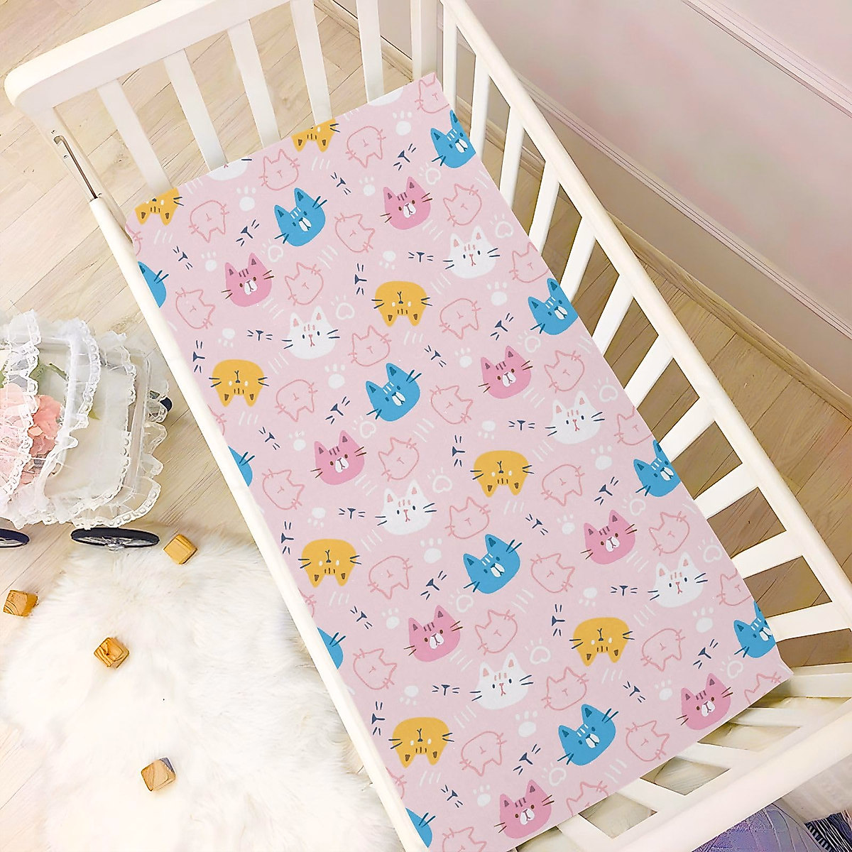 Kigai Cartoon Cat Face Pink Crib Sheets for Boys Girls, Soft and Breathable Pack n Play Sheets, Portable Mini Stretchy Cribs Sheets, 39x27 Inch