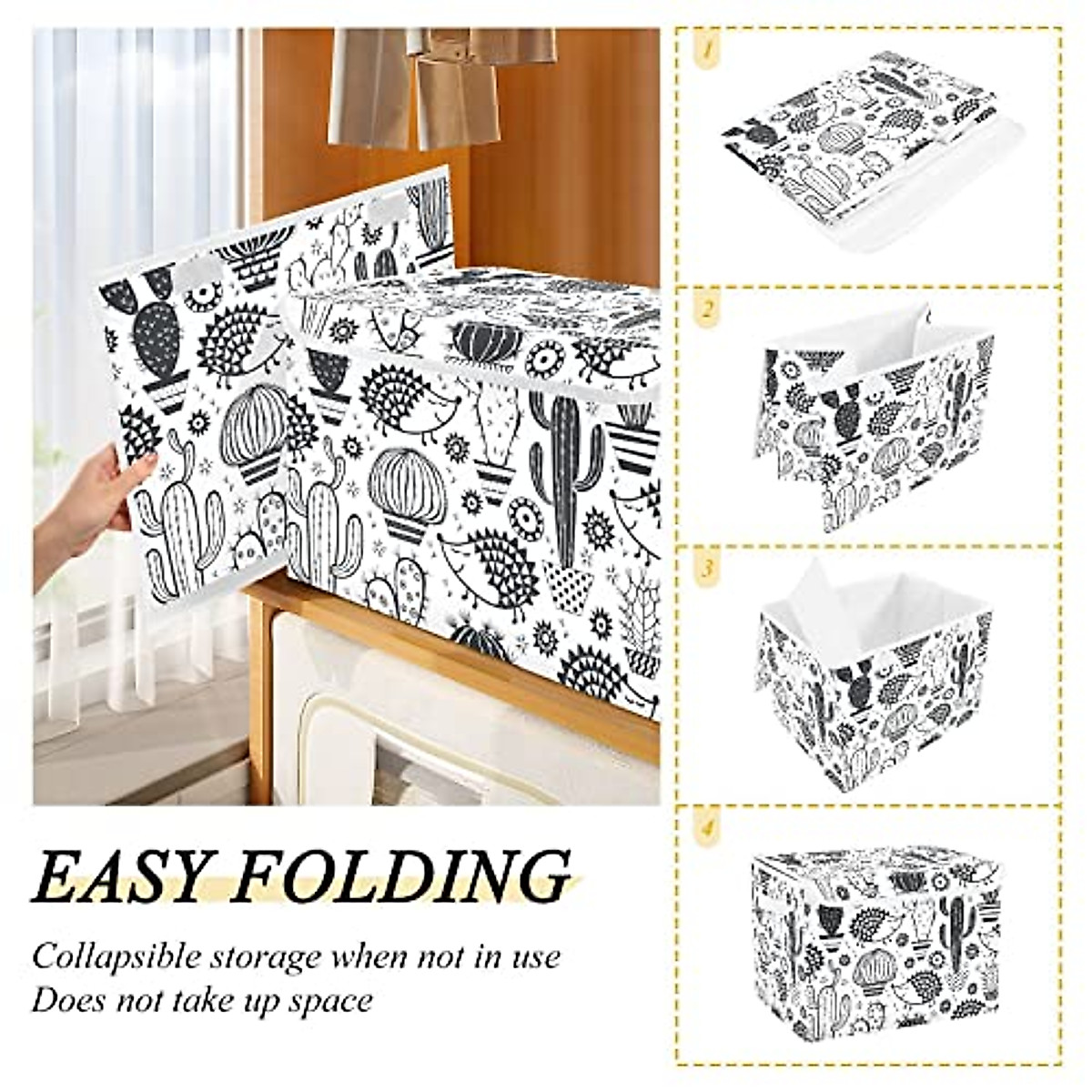 Krafig Animal Hedgehog Black White Foldable Storage Box Large Cube Organizer Bins Containers Baskets with Lids Handles for Closet Organization, Shelves, Clothes, Toys