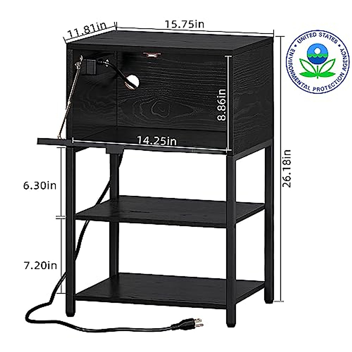 LEBOAHOUS Nightstand with Charging Station and USB Port, 3 Tier Industrial Night Stand, Bedside Table with Flip Storage Drawer and Open Shelf, End Side Table for Bedroom, Office, Dorm 26.2''H (Black)