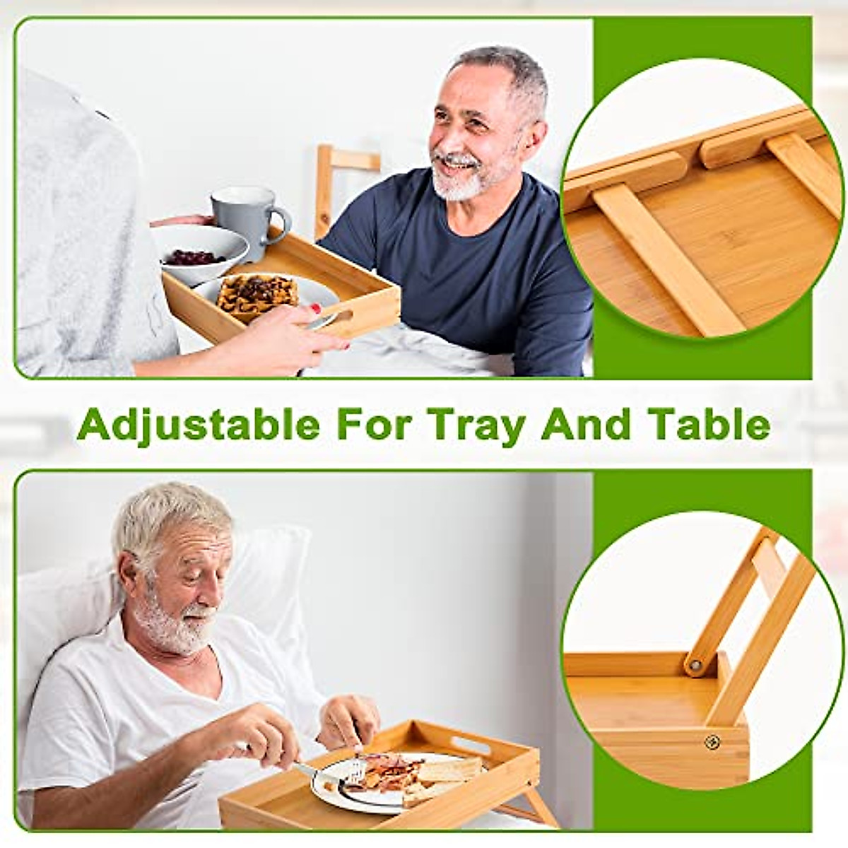 Greenual Bed Tray Table with Folding Legs for Eating Serving Tray with Handles Bamboo Breakfast Food Table Comes with Phone Holder Portable Snack Platter for Bedroom Hospital Picnic