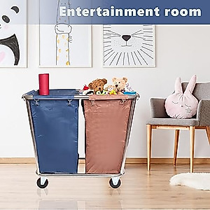 MYOYAY Laundry Cart with Wheels 350L Large Laundry Sorter 2 Section Laundry Basket with Steel Frame and Removable Bag Laundry Hamper Rolling Cart for Commercial/Home/Hotel, 35.4" x 25.5" x 32.2 "