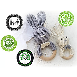 Natural Wooden Baby Toys Cotton Crochet Bunny Teething Ring Teether Rattle Set of 2 Newborn Unisex Baby (Grey Mama White Baby)