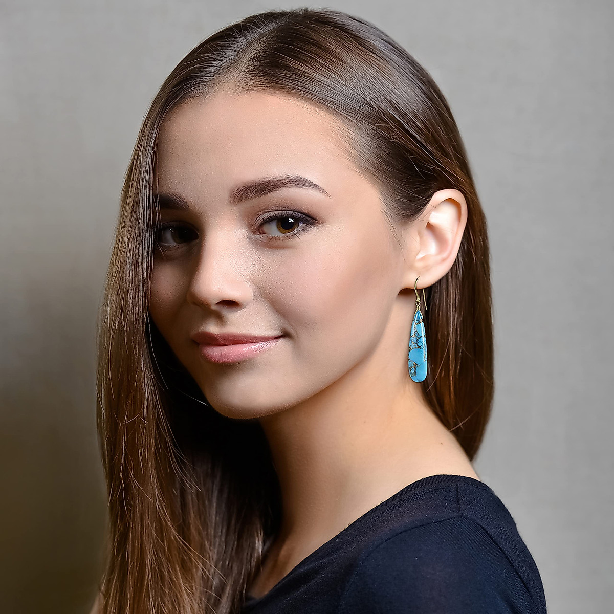 14K Yellow Gold Blue Turquoise 2-1.4" Earrings with Coppery Mosaic Veining Long Large Simple Dangle Drops