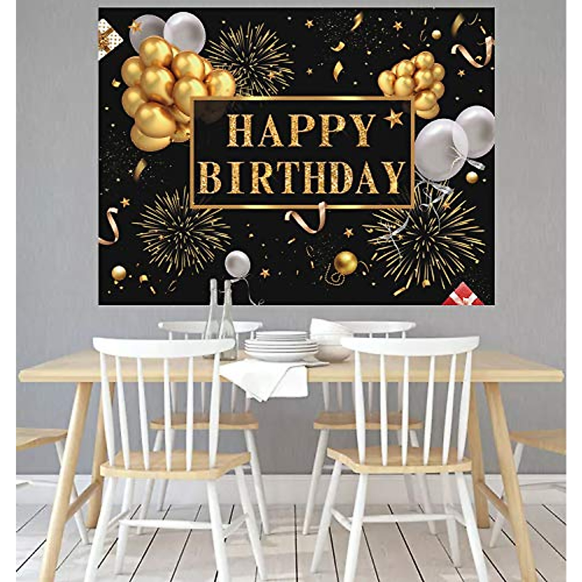 Saliyaa 7x5ft Happy Birthday Backdrop Banner, Birthday Party Decor,Black Gold Poster Photo Booth Backdrop Background Banner for Men Women 30th 40th 50th 60th 70th 80th Bday Party Supplies