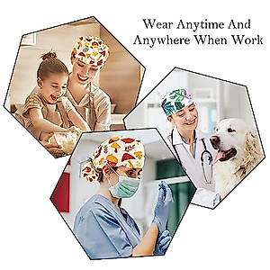 Scrub Cap Women, 2 Packs Lovely Acorn & Leaves Bouffant Hat with Ponytail Pouch, Cotton Working Hat Sweatband