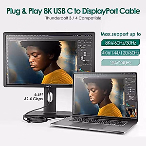 USB C to DisplayPort, 6FT 8K (4K@144Hz/120Hz) USB-C Thunderbolt 3 to DisplayPort Cable 32.4Gbps for iPhone 15 Series, M1/M2 MacBook Pro, MacBook Air/iPad Pro, XPS 15 and More