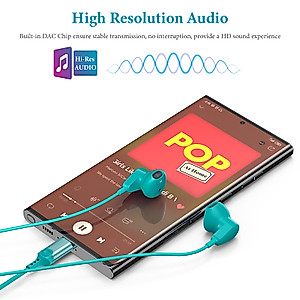 APETOO USB C Headphones for iPhone 16 15 Pro Plus iPad Pro,USB Type C Earphones HiFi Stereo USB C Wired Earbuds Microphone Volume Control for Galaxy S24 S23 S22 S21Pixel 9 8 7 7a 6 Pro 6a Turquoise