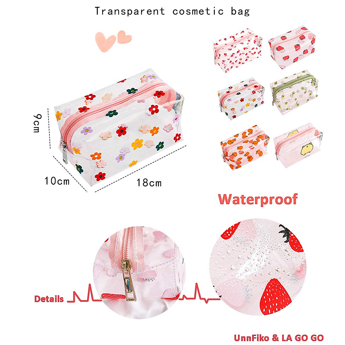 Cute Crystal Clear Cosmetic Bags, Travel Toiletry Clear Makeup Bags, Portable Makeup Brushes Kit Storage Bag, Waterproof Cartoon Organization For Women Girls (Floral)
