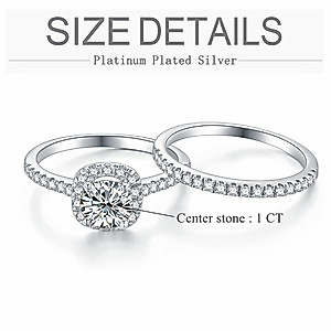 Halo Wedding Ring Set for Women Bridal Sets Wedding Rings Platinum Plated Silver, 1-1/2 Carat (ctw) Moissanite Engagement Ring Set White Gold Anniversary Promise Rings(size 6)