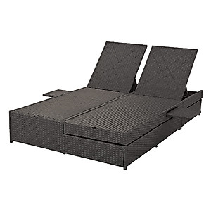 Outdoor PE Rattan Daybed Double Reclining Chairs with Adjustable Backrest and Cup Tray, All Weather Patio Sunbed Lounge Chair Conversations Sofa with Thick Cushions and Pillows for 2 Person (Gray-D)