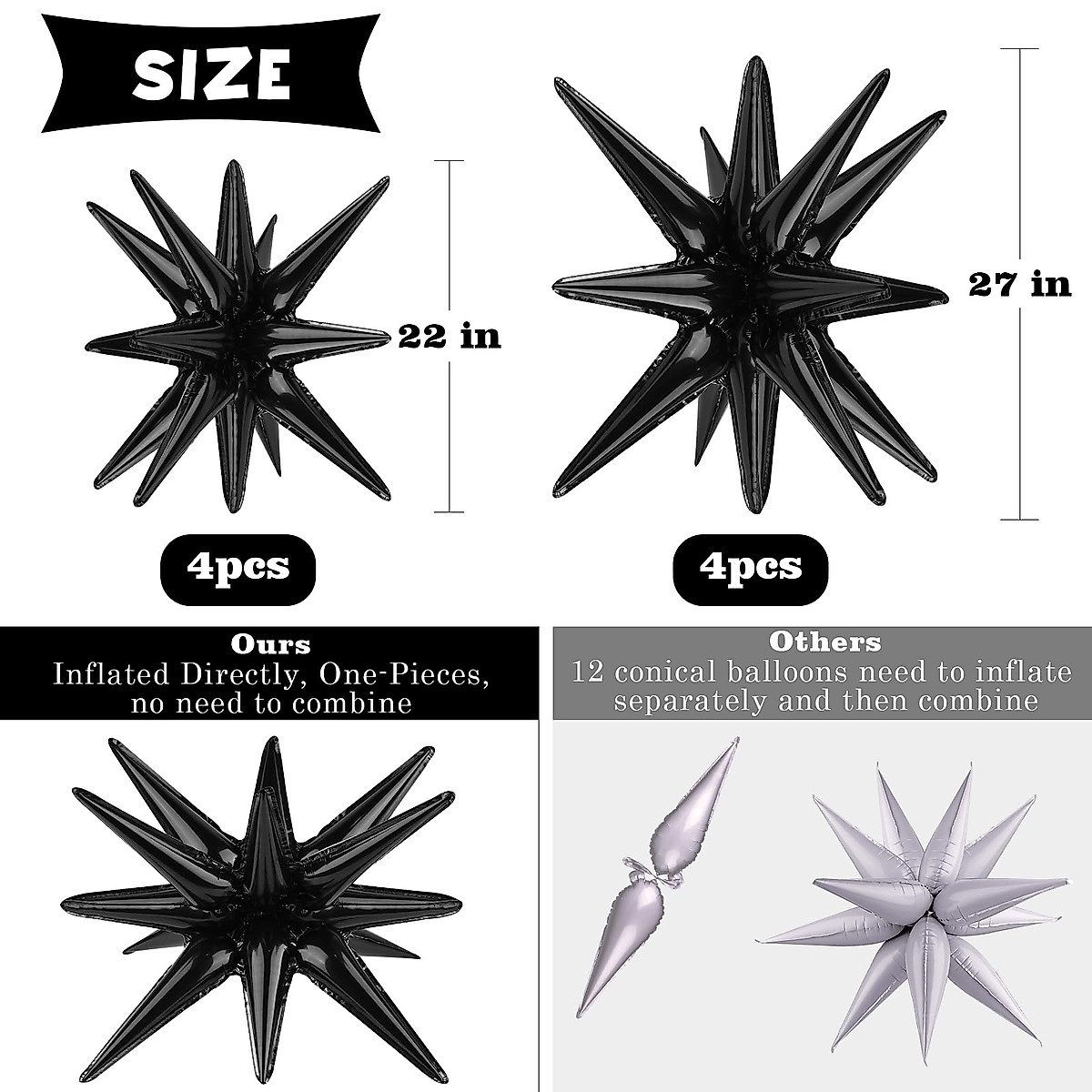 Wrbin 8 Pcs Black Star Balloons, 27/22 inch Explosion Foil Balloons for Birthday, Baby Shower, Wedding, Halloween, Anniversary, Graduation Party Decorations(Black)