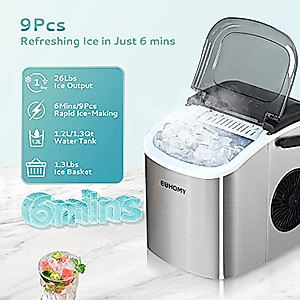 EUHOMY Countertop Ice Maker Machine with Handle, 26lbs in 24Hrs, 9 Ice Cubes Ready in 6 Mins, Auto-Cleaning Portable Ice Maker with Basket and Scoop, for Home/Kitchen/Camping/RV. (Silver)
