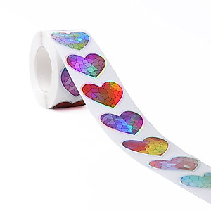 Mercei Heart Stickers with Stained Glass Background and Silver Holographic Frame, 1.5 inch Small Heart Shaped Adhensive Sticker Labels in a Roll, Decorative or Seal in Business and Personal Package