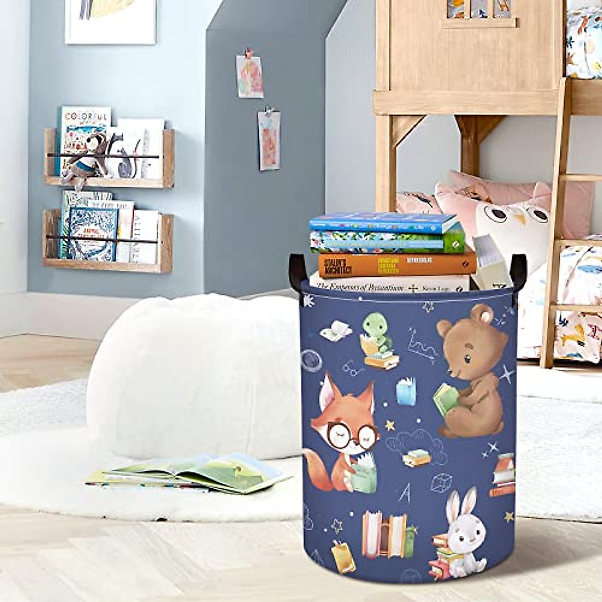 Clastyle 45L Lovely Animals Books Fox Turtle Bear Kids Laundry Hamper Rabbit Deer Koala Blue Round Toy Clothes Storage Basket for Children Room, 14.2x17.7 in