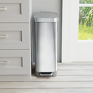 Glad Slim Trash Can with Clorox Odor Protection - Narrow Kitchen Garbage Bin with Soft Close Lid, Step On Foot Pedal and Waste Bag Roll Holder, All Stainless, 45 Liter