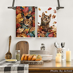 Artoid Mode Maple Leaves Cat Fall Kitchen Towels Dish Towels, 18x26 Inch Autumn Floral Thanksgiving Decoration Hand Towels Set of 2