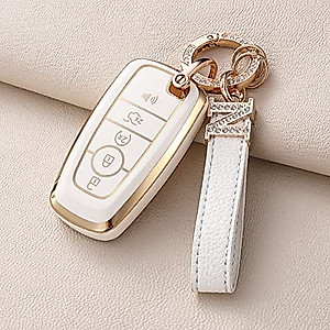 5 Button Ford Key Fob Cover with Keychain Soft TPU Full Protection Car Key Case for Edge Expedition Explorer Bronco Escape Mustang F150 Fusion Ranger Key Case Shell Remote Control,White