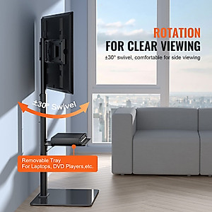 VEVOR TV Stand Mount, Swivel Tall TV Stand for 32 to 65 inch TVs, Height Adjustable Portable Floor TV Stand with Tempered Glass Base for Bedroom, Living Room
