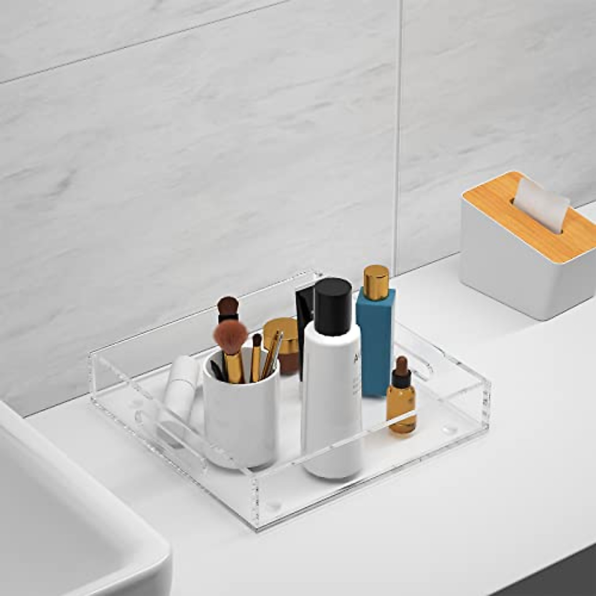 KOTEMON Acrylic Serving Tray with Handles-12x12x2.36Inch-Decorative Tray Letter Tray Organizer for Ottoman Coffee Table Countertop, Clear