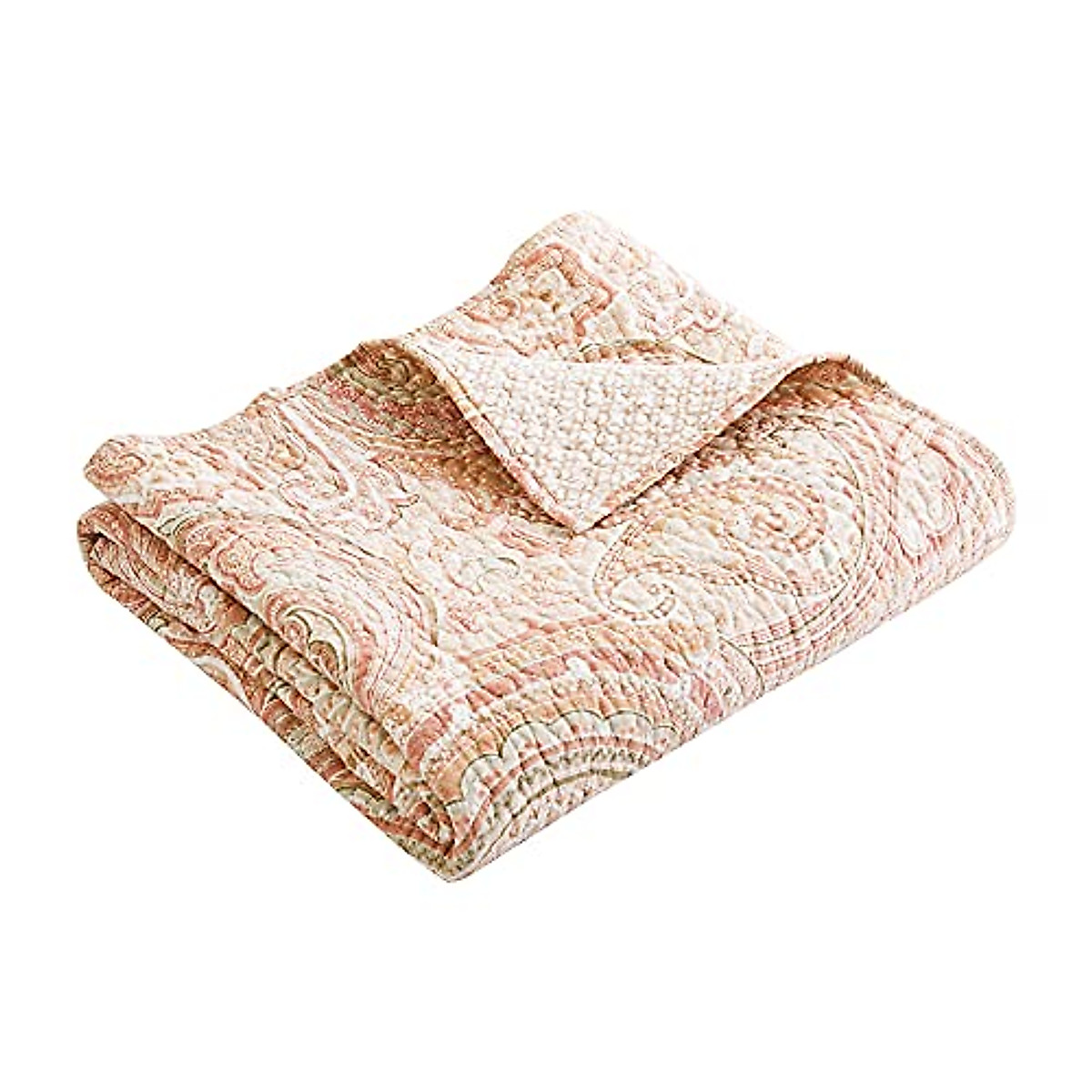 Levtex - Spruce Coral - Quilted Throw - (50 x 60) - Paisley - Coral and Tan - Reversible Pattern - Cotton Fabric