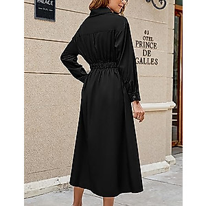 Ladyful Elegant Cotton Shirt Dress for Women A-line Long Sleeve Maxi Dress Black