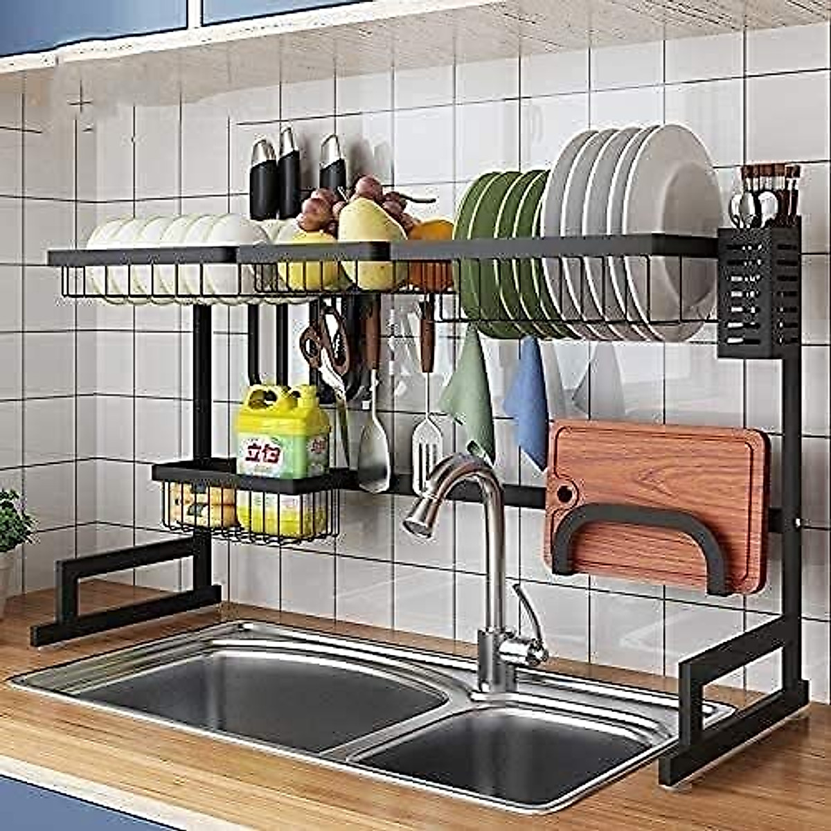 Plate Rack Dish Drainer Rack Over Sink Display Shelf Drainer Stainless Steel Kitchen Supplies Storage Shelf Utensils Holder Pan Plate Holder (Color : Black, Size : 65x32x52cm)