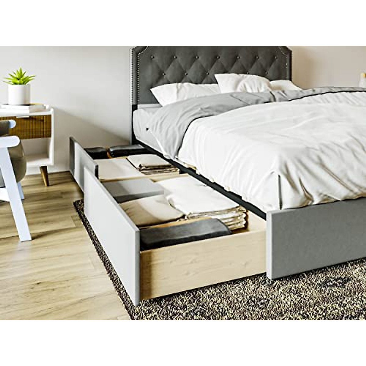 DG Casa Ardon Upholstered Platform Bed Frame with Storage Diamond Button Tufted Nailhead Trim Adjustable Height Headboard Full Wooden Slats - Queen Size Bed in Grey Fabric