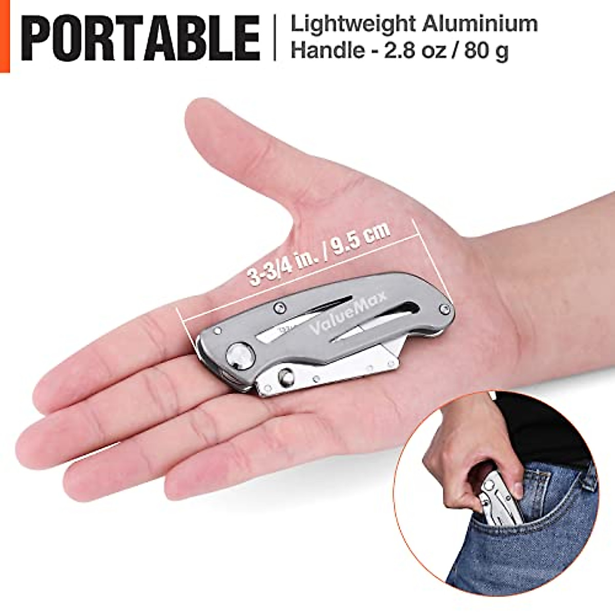 ValueMax Folding Utility Knife Set, All Metal Liner Lock Box Cutter, Quick Change Blade Razor Knife, with 10 Extra SK5 Blades, Set of 3 (Green, Orange, Gray)