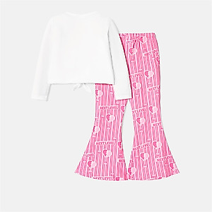 L.O.L. Surprise! Girls 2 Piece Outfits Tie Knot Long Sleeve Tee Top and Heart Pink Bell Bottom Flared Pants Set White 7-8 Years