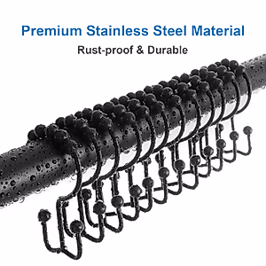 Shower Curtain Hooks Rings, TENOVEL Double Sided Shower Hooks Rust Proof for Bathroom Shower Rods Curtain, Durable Stainless Steel Bathroom Shower Curtain Hangers, Matte Black, Set of 12