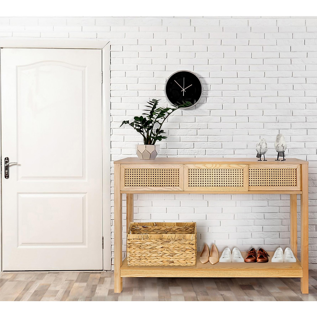 Long Console Table, Console Tables for Entryway, Rattan Entry Table Narrow Wood Console Table with Storage, Modern Couch Table Hallway Table Boho Sofa Table for Living Room