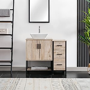 eclife 36" Bathroom Vanity Sink Combo Modern Metal Stand Cabinet W/Bottom Shelf & Storage Side Cabinet White Square Vessel Sink & Water Save Faucet & Pop Up Drain, Oak (A07)