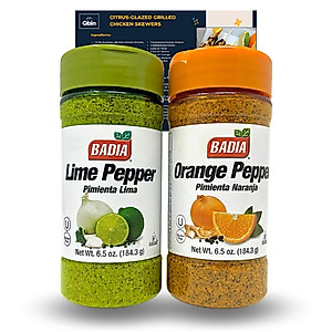 Badia Lime & Orange Citrus Pepper Bundle - Lime Pepper and Orange Pepper Seasoning Set - 6.5 Oz Each - Qbin Recipe Card - Premium Handcrafted Blends with Tangy Lemon Zest and Fragrant Orange Essence - Elevate Your Dishes with Vibrant Flavors - Perfect for