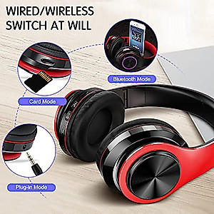 TPSKY Bluetooth Headphones Over Ear Headphones with Deep Bass LED Foldable Stereo Headphones for Smart Phone/TV/PC (Red/Black)