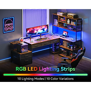 AODK 79 inch L Shaped Desk with File Drawers, Reversible L Shaped Gaming Desk with Power Outlets & LED Lights, Computer Desk with Storage Shelves for Home Office, Vintage
