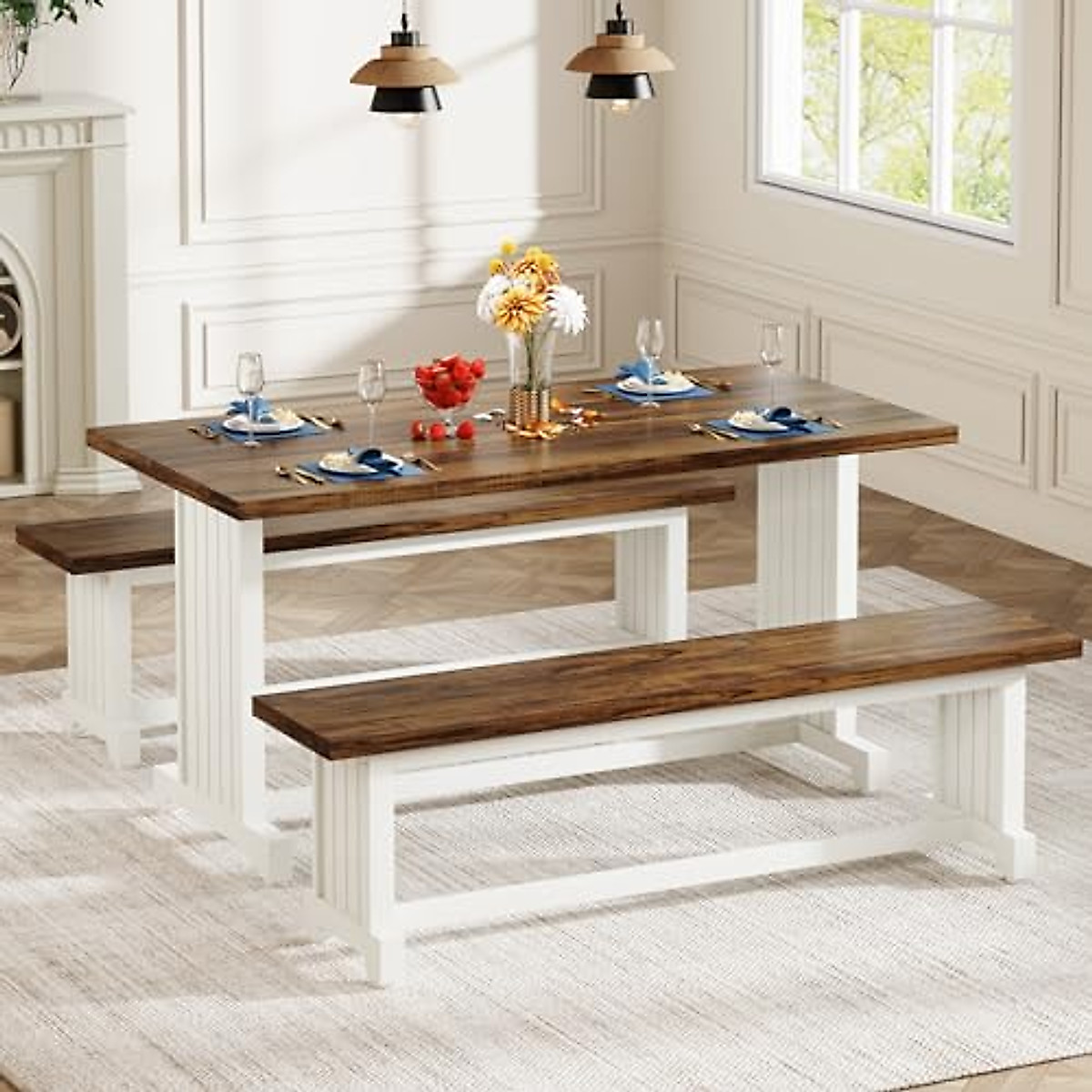 Tribesigns 47" Dining Table Set for 4-6, 3-Piece Kitchen Room Table with 2 Benches, Farmhouse Wood Dinner Table for Small Space, Home Kitchen, White & Rustic Brown