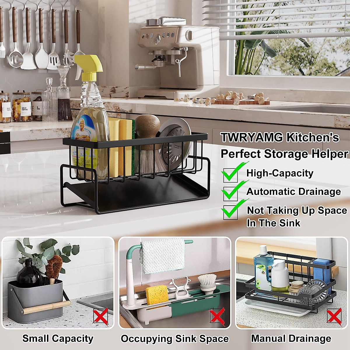 TWRYAMG Sponge Holder for Kitchen Sink-Kitchen Sponge Holder for Organizing Sponge, Brush & Soap Dish Dispenser, Kitchen Sink Organizer Rack with Divider Black