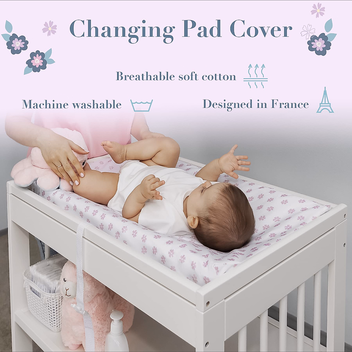 My Little Zone 100% Cotton Changing Pad Cover for Baby Girls, Floral - Breathable Bassinet, Mini Crib Mattress Fitted Sheets - Butterfly Blossom, 32"x16" with 8" Deep Pocket, White-Light Pink, 2 Pack