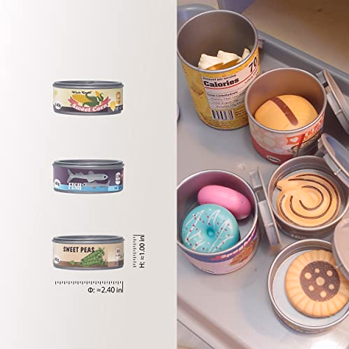 U DREAM Pretend Play Food Sets, Toy Canned Food for Kids, Play Kitchen Accessories, Grocery Store Pretend Play Food, 9 PCS Removable Lids.