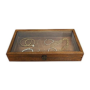 MOOCA Wood Glass Top Jewelry Display Case Accessories Storage, Wooden Jewelry Tray for Collectibles, Home Organization Box with Metal Clasp and Tempered Glass Top Lid, Brown