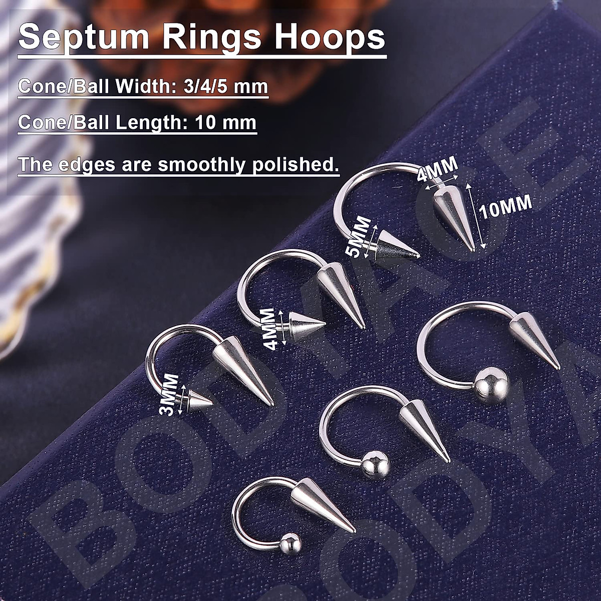 BodyAce 16G Spike Septum Rings Horseshoe Nose Rings, Stainless Steel Daith Helix Tragus Cartilage Earrings Hoop, Rook Lobe Lip Piercing for Women Men (Hoops:10mm)