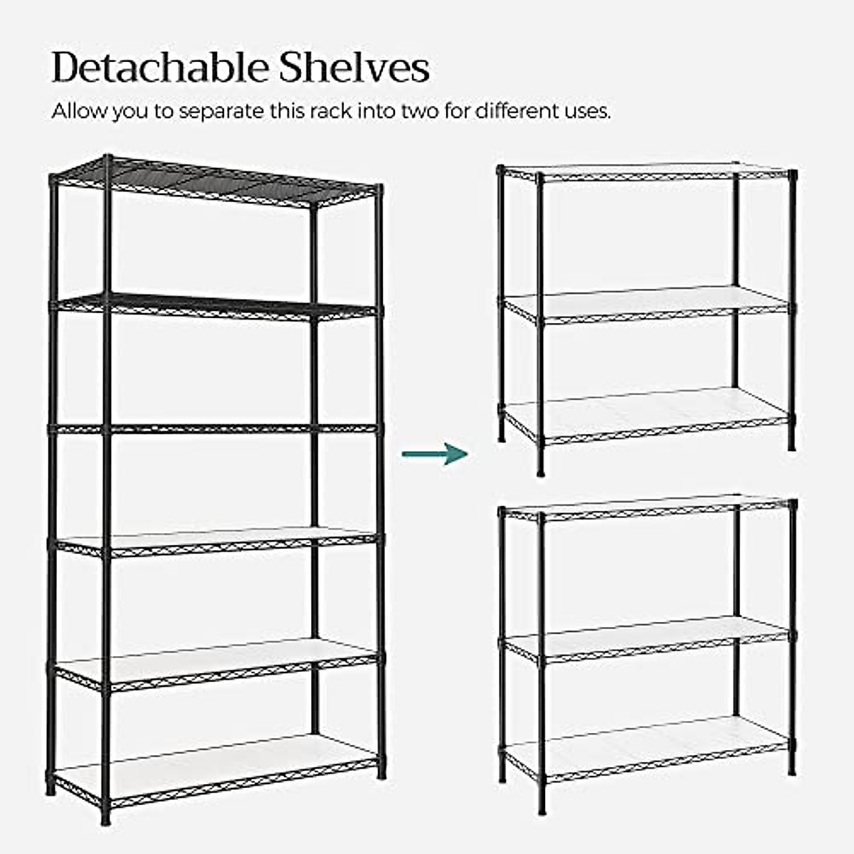 SONGMICS Garage Shelving, 6-Tier Wire Shelving Unit, Kitchen Storage Rack with Adjustable Shelves, Shelf Liners, 8 Hooks, Total Max. Load 528 lb, for Living Room, Garage, Black ULGR096B01