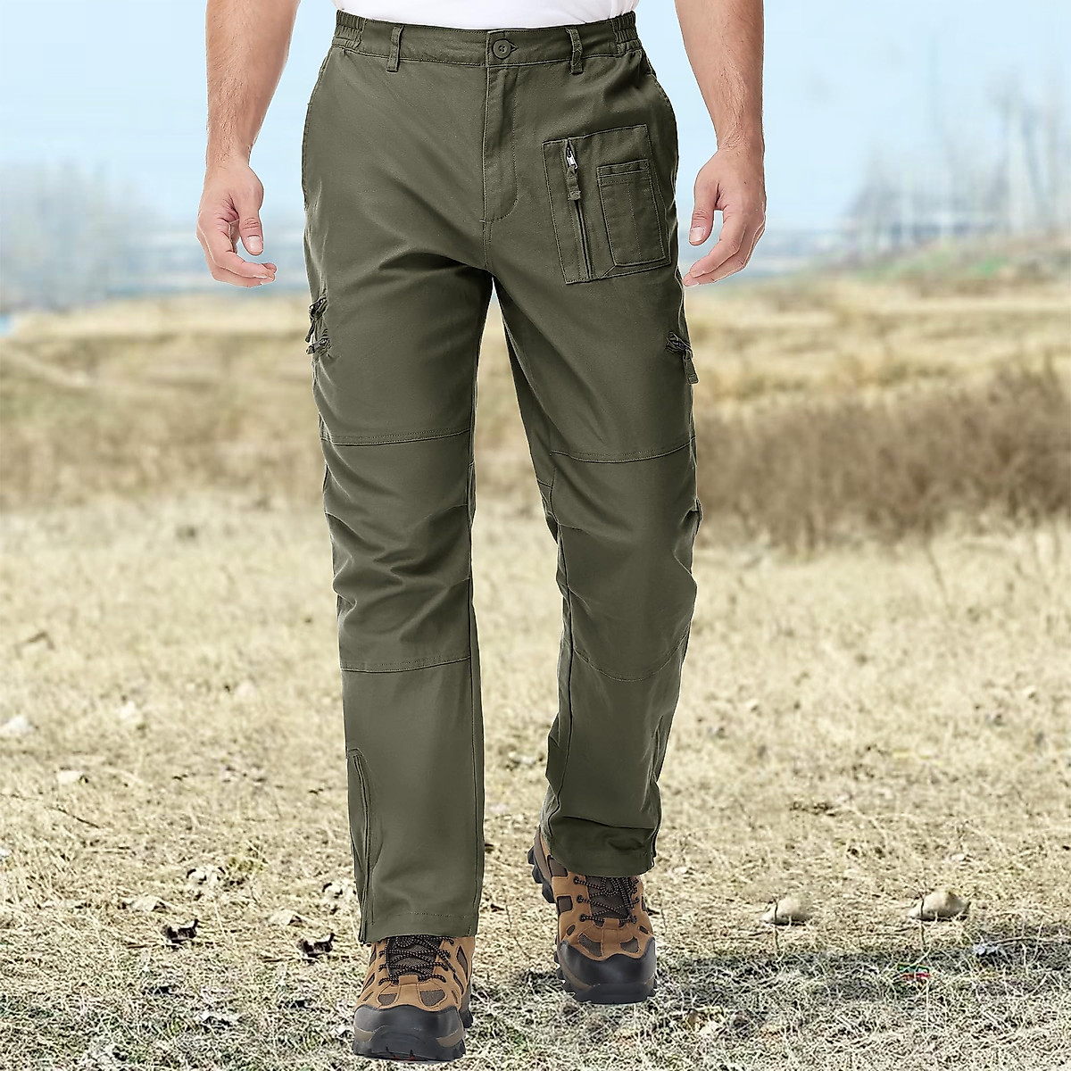 CRYSULLY Men Pants Fall Relaxed-fit Cotton Woodland Army Cargo Trousers Utility Combat Work Pants Green 34