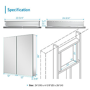Quavikey Aluminum Medicine Cabinet with 2 Doors Recessed or Surface Mount Bathroom Mirror Cabinets 24x26 Inch, Silver